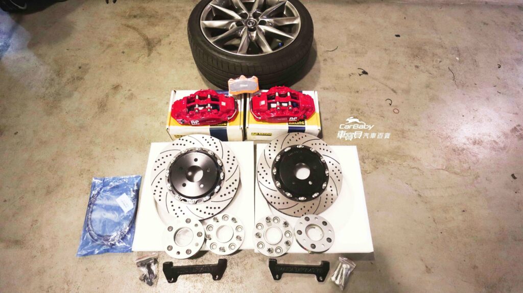 馬自達MAZDA 3 安裝英國AP RACING 9540四活塞卡鉗+355mm碟盤+來令片+GOODYEAR煞車油＋金屬油管