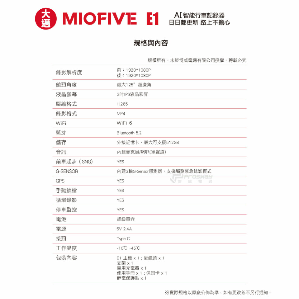 MIOFIVE E1 AI智能 HDR 行車記錄器｜贈32G記憶卡